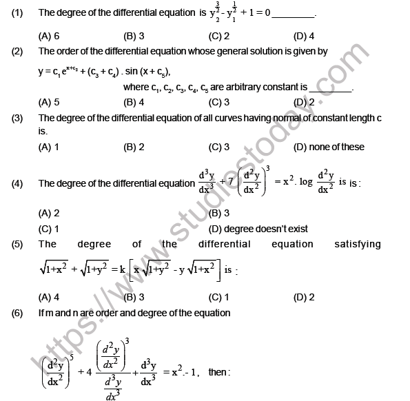 JEE Mathematics Differential Equations MCQ JEE Mathematics Differential Equations MCQ